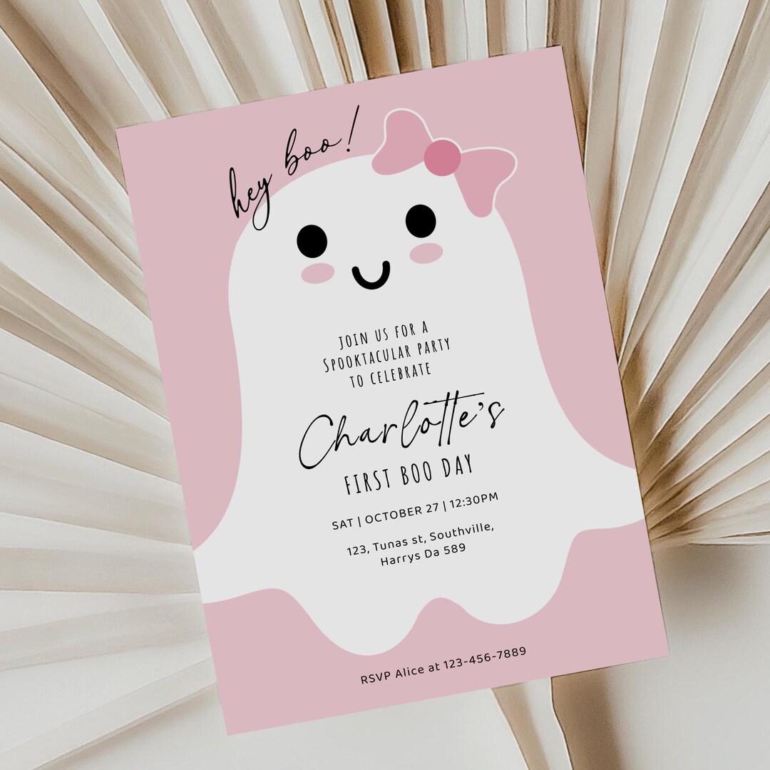 Halloween Pink Ghost Birthday Invitation Hey Boo Ghost Party ...