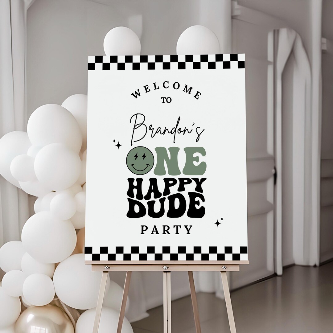 One Happy Dude Birthday Welcome Sign Smiley Face Retro Birthday ...