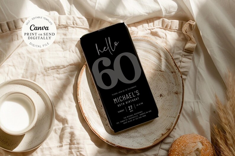 Editable 60th Birthday E-invite, Modern Party Announcement (digital ...