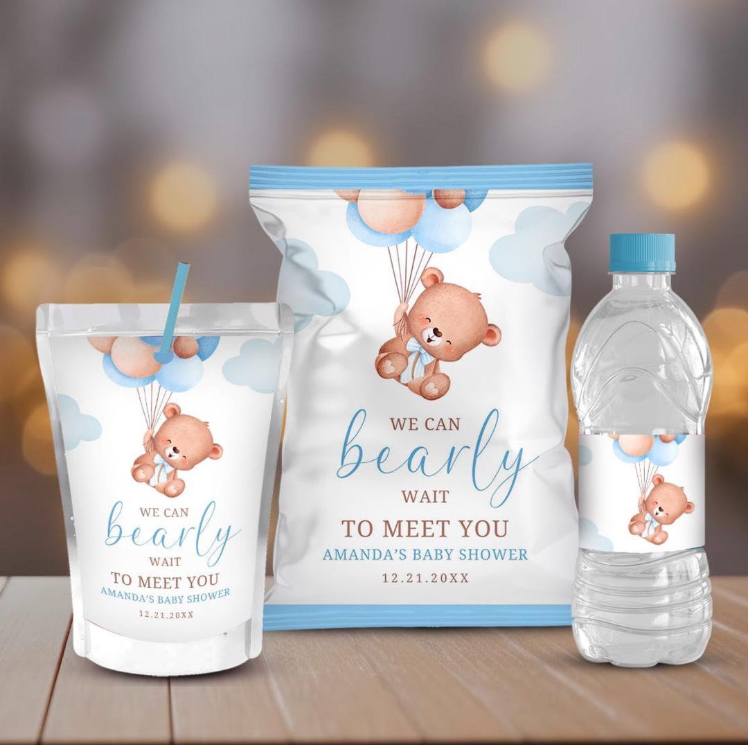 Blue Bear Baby Shower Favor Wrappers, Editable Bundle (digital Download ...