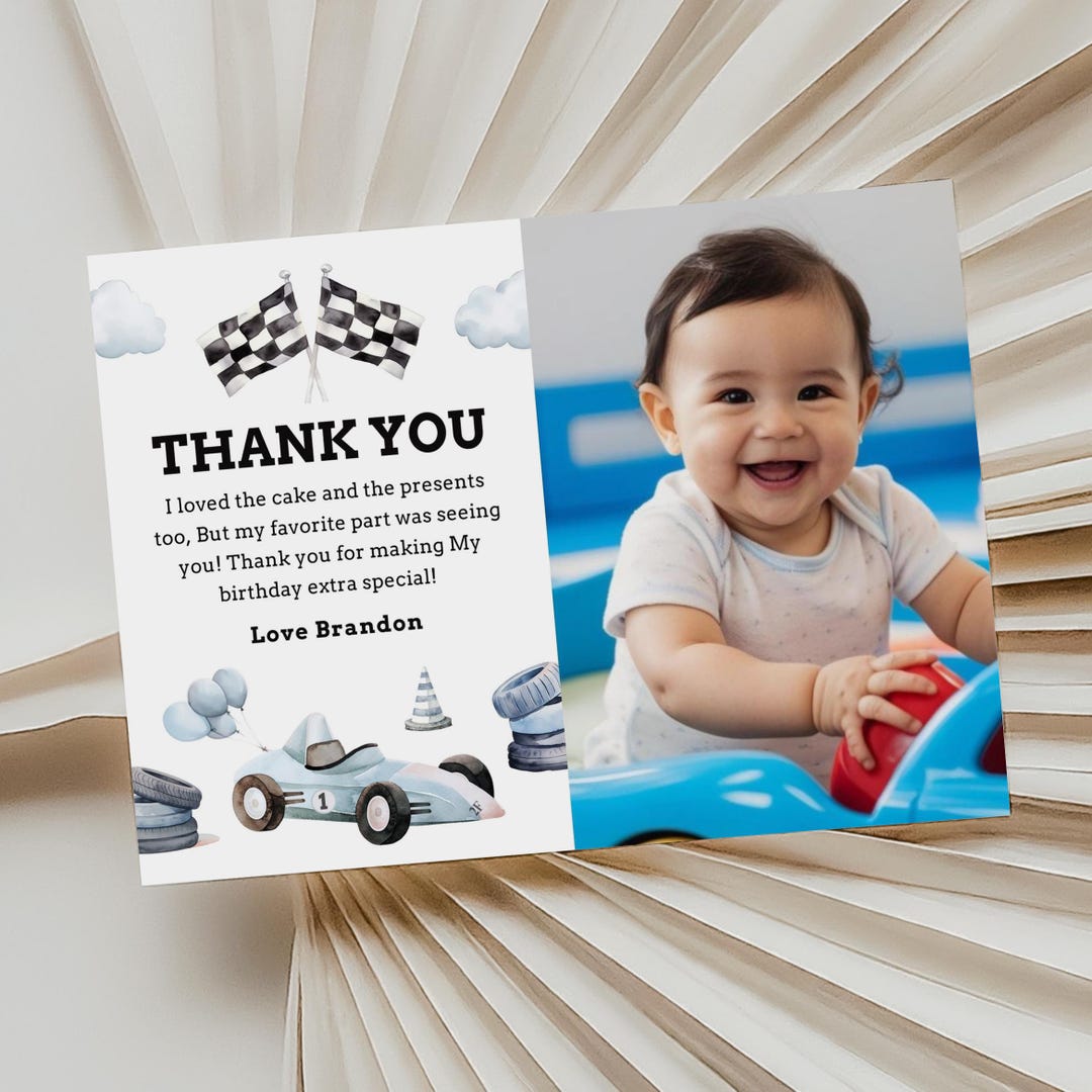 Fast One Birthday Printable Thank You Card, Vintage Race Car Party ...