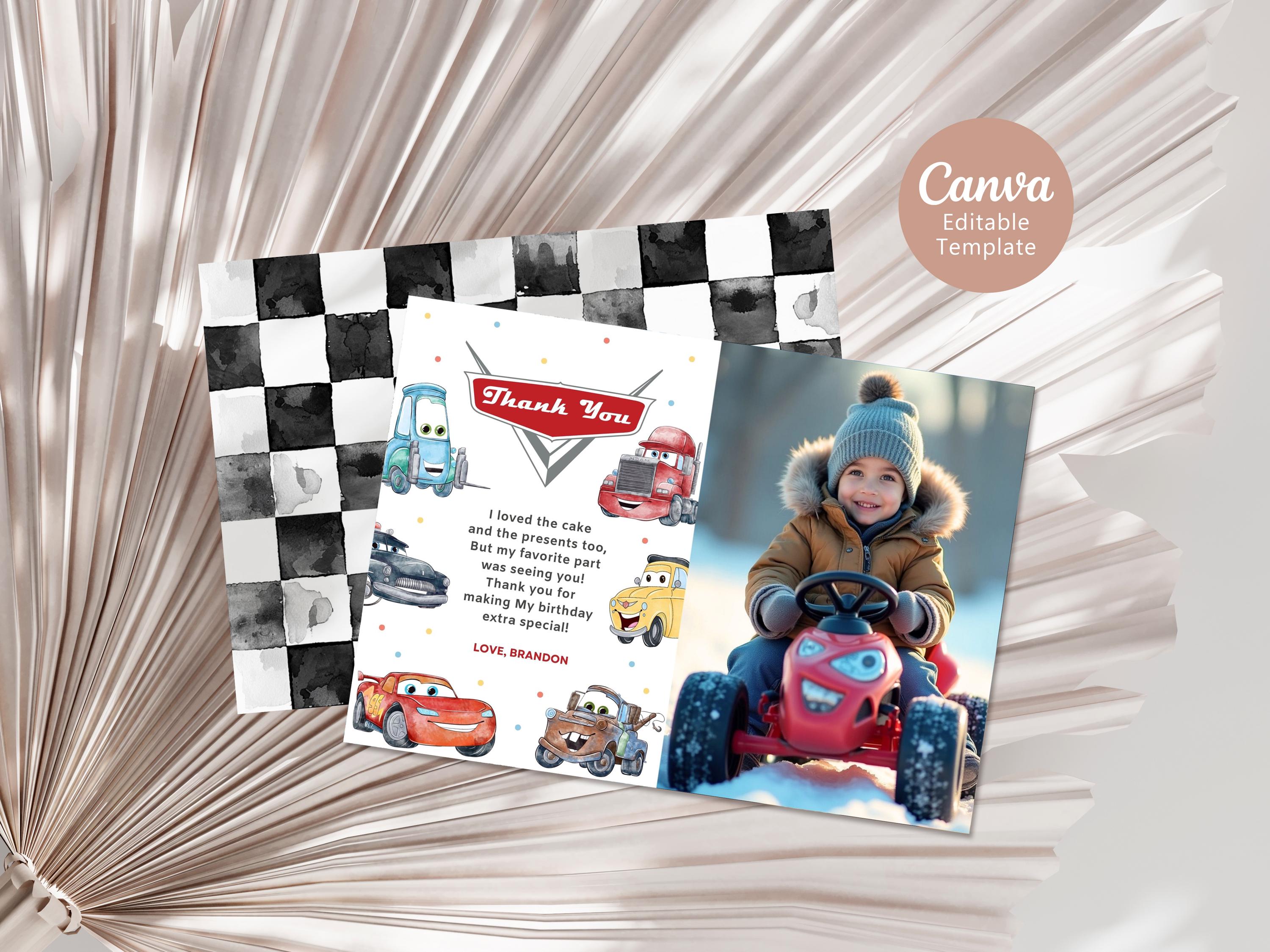 Cars Birthday Thank You Card With Photo Lightning Mcqueen Race Car ...