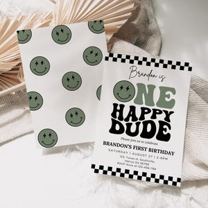 Retro One Happy Dude First Birthday Invitation Template (printable ...