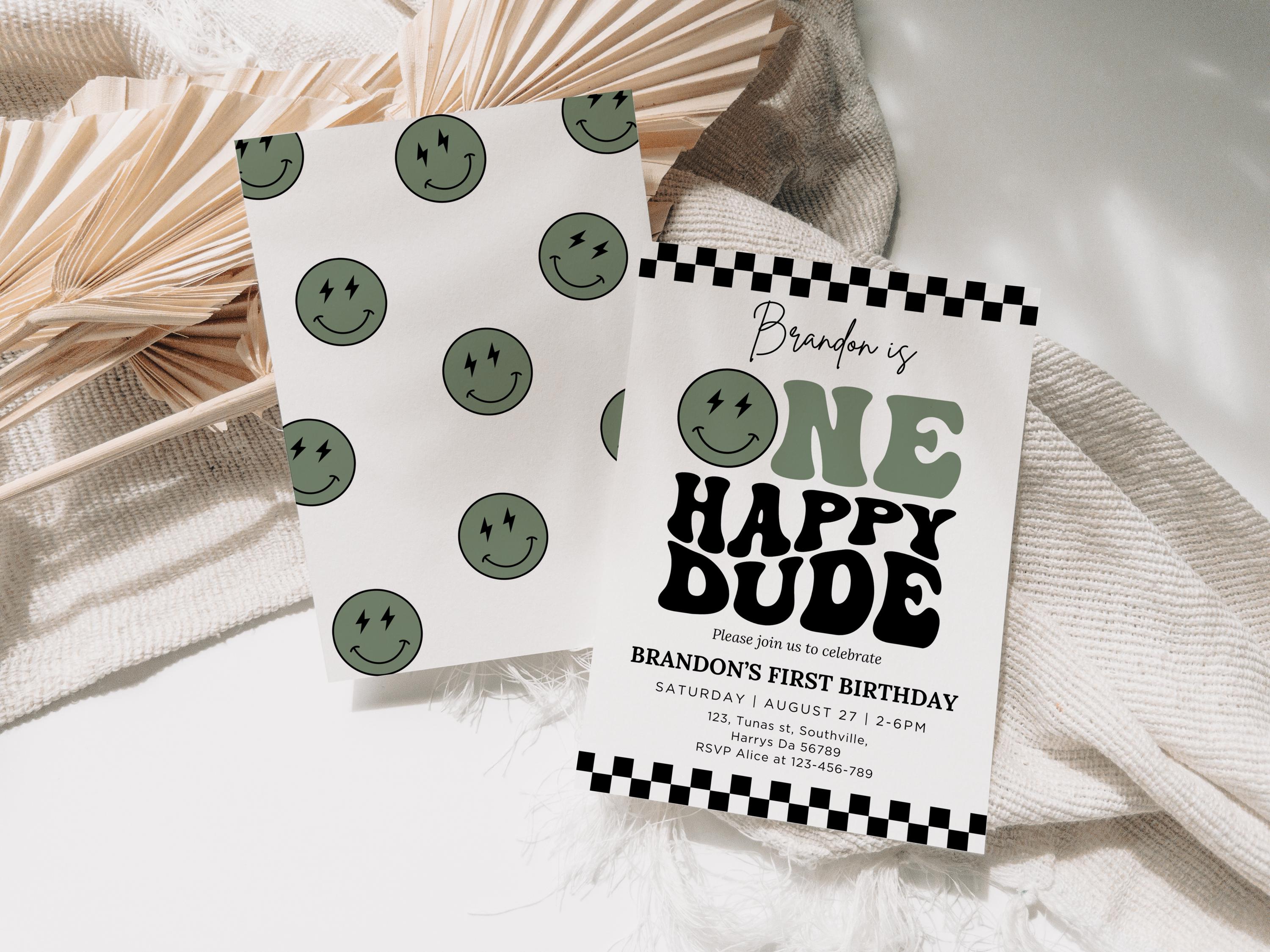 Retro One Happy Dude First Birthday Invitation Template (printable ...