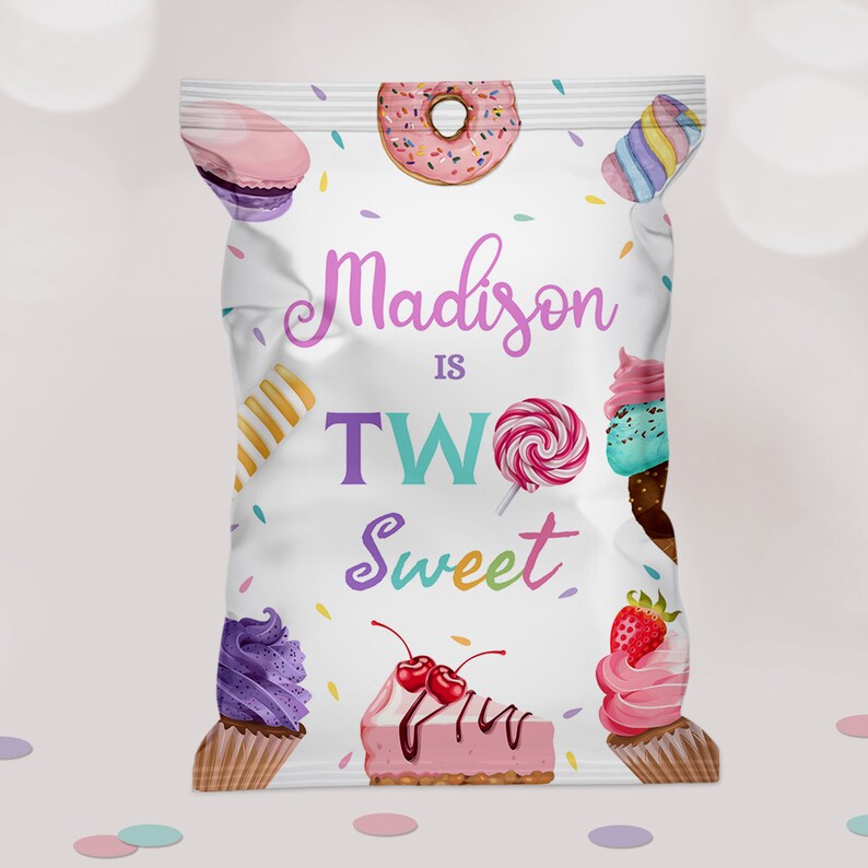 Two Sweet Birthday Chip Bag, Pastel Dessert Party Favor (editable ...