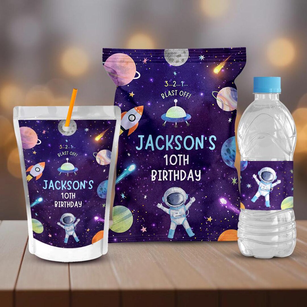 Editable Outer Space Birthday Chip Bag Wrapper Labels, Juice Label ...