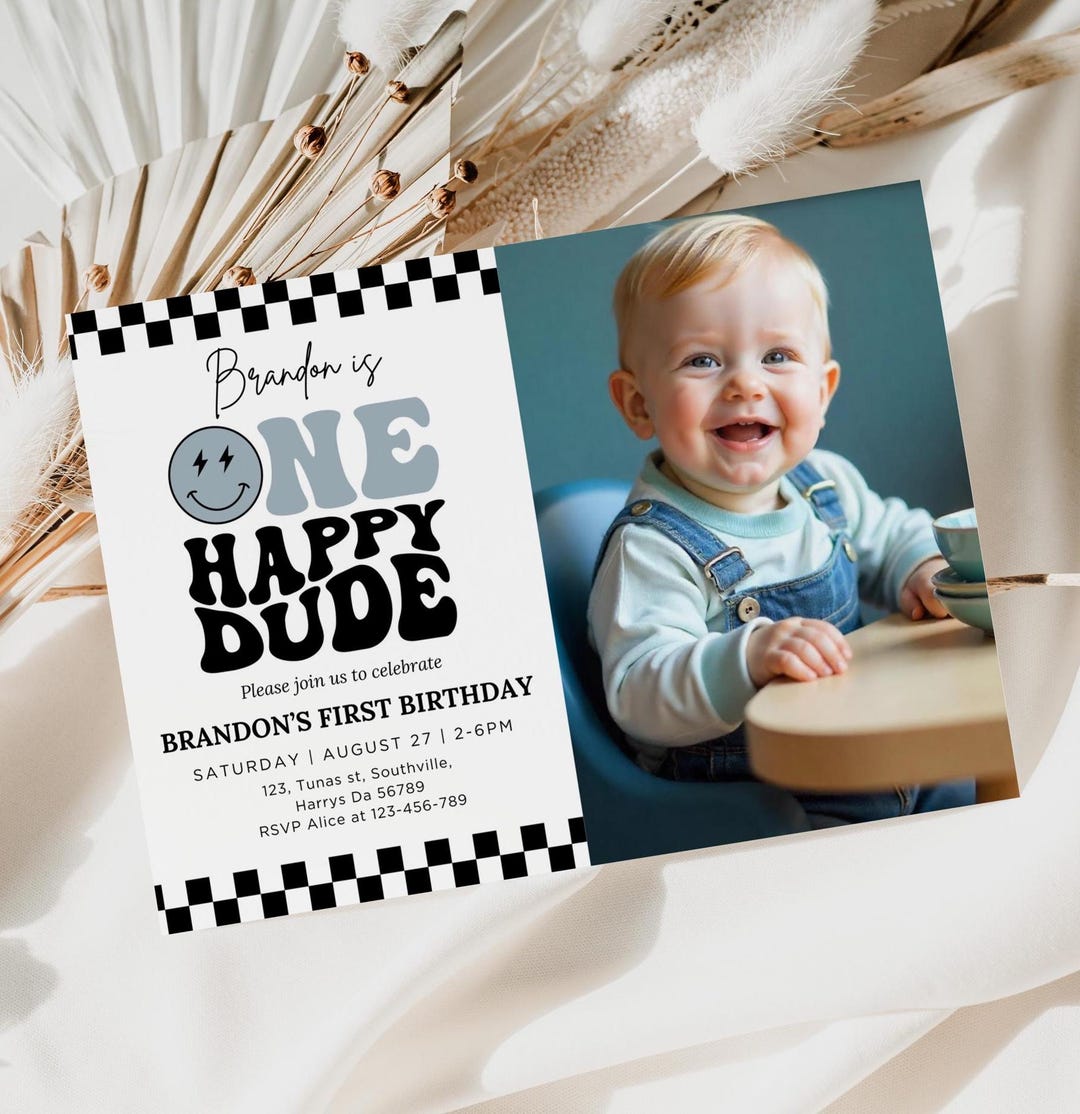 One Happy Dude Birthday Invitation, First Birthday Photo Invite ...