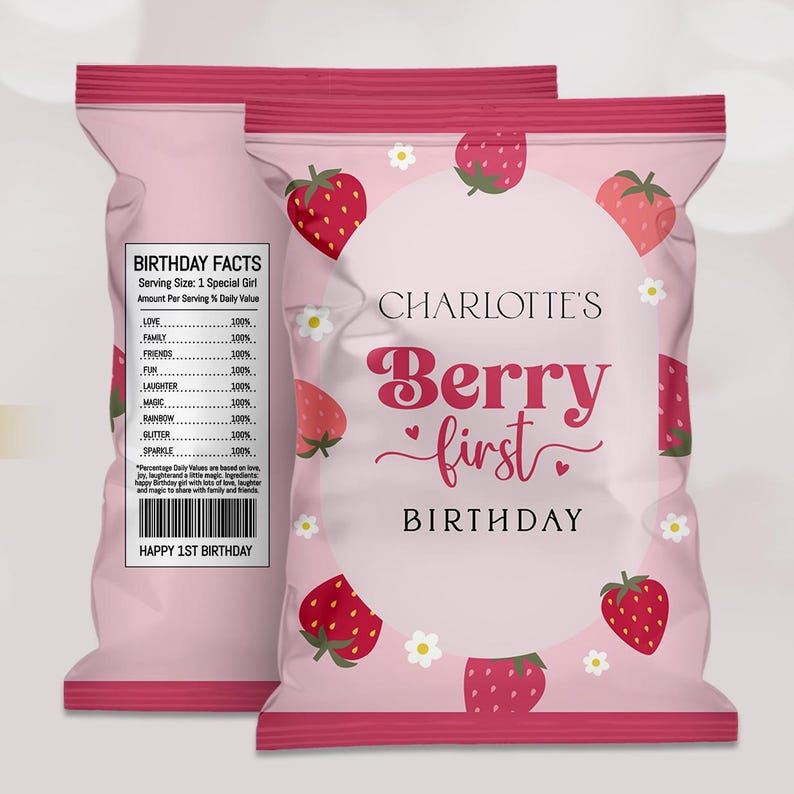 Berry First Birthday Party Favors: Editable Chip Bag, Water Bottle ...