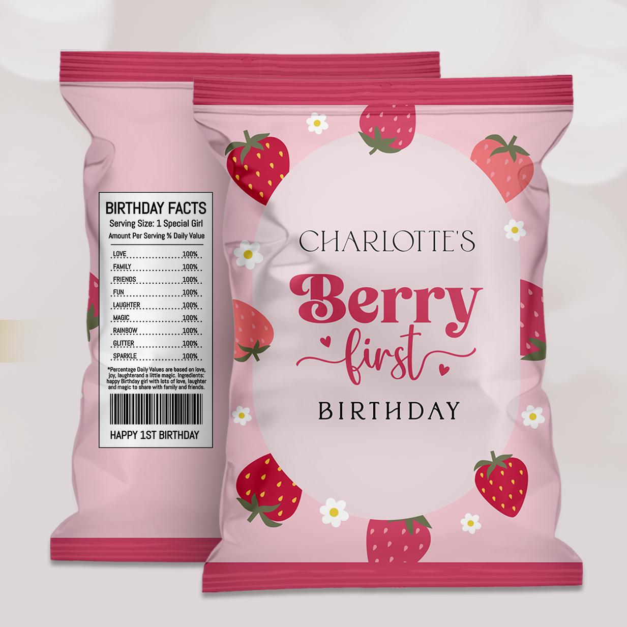 Berry First Birthday Party Favors: Editable Chip Bag, Water Bottle ...