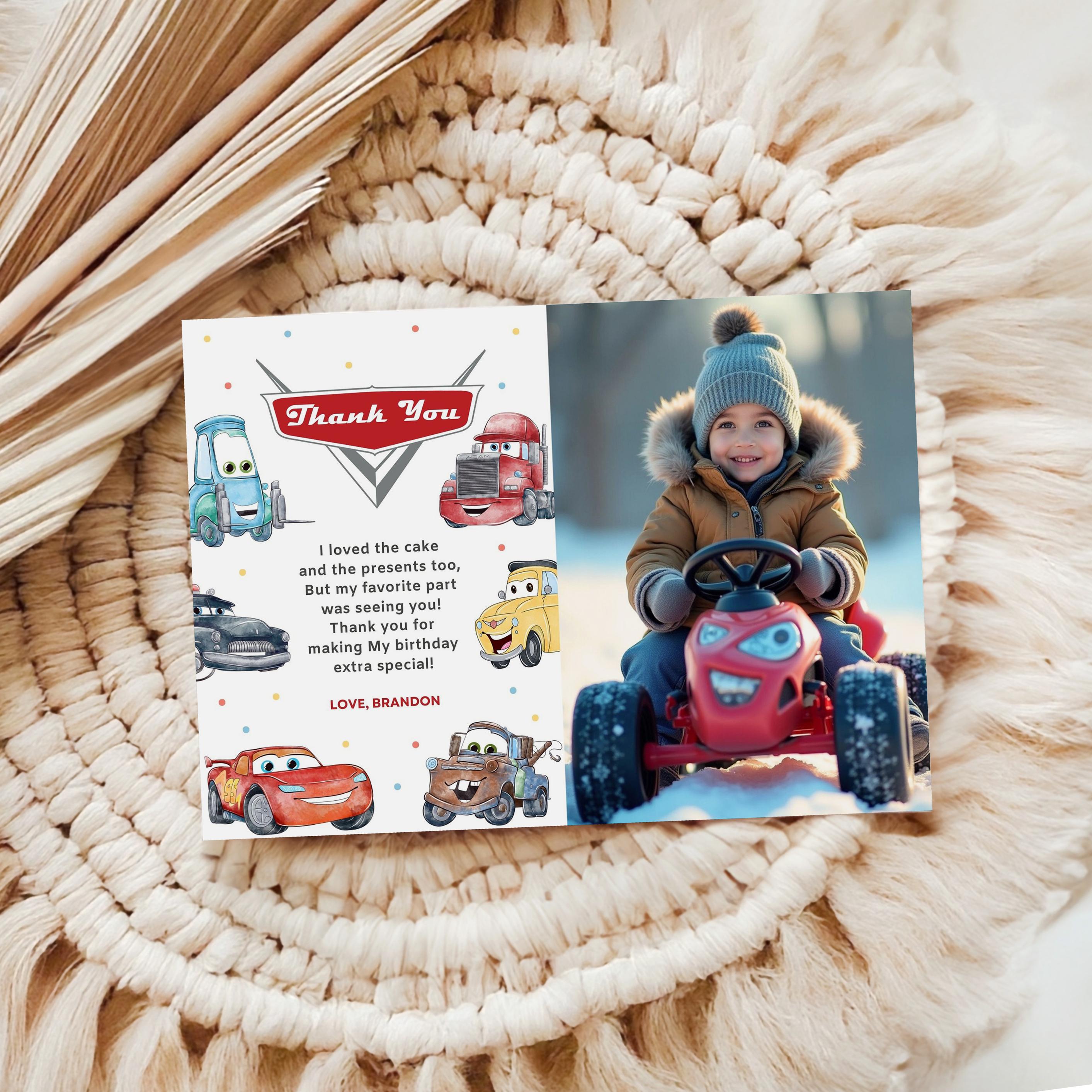 Cars Birthday Thank You Card With Photo Lightning Mcqueen Race Car ...