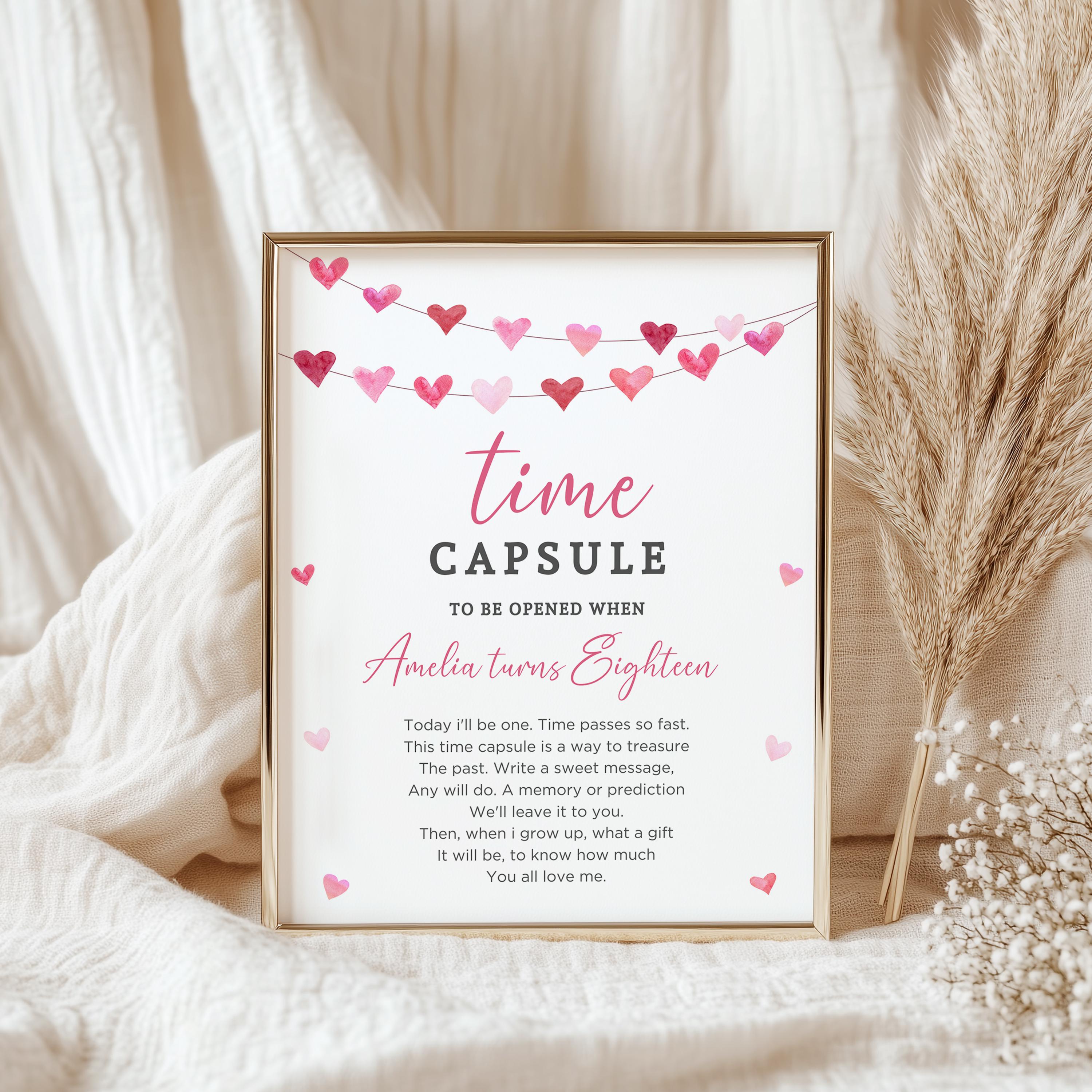 Valentine's Day 1st Birthday Time Capsule, Pink Hearts, Editable Poster ...