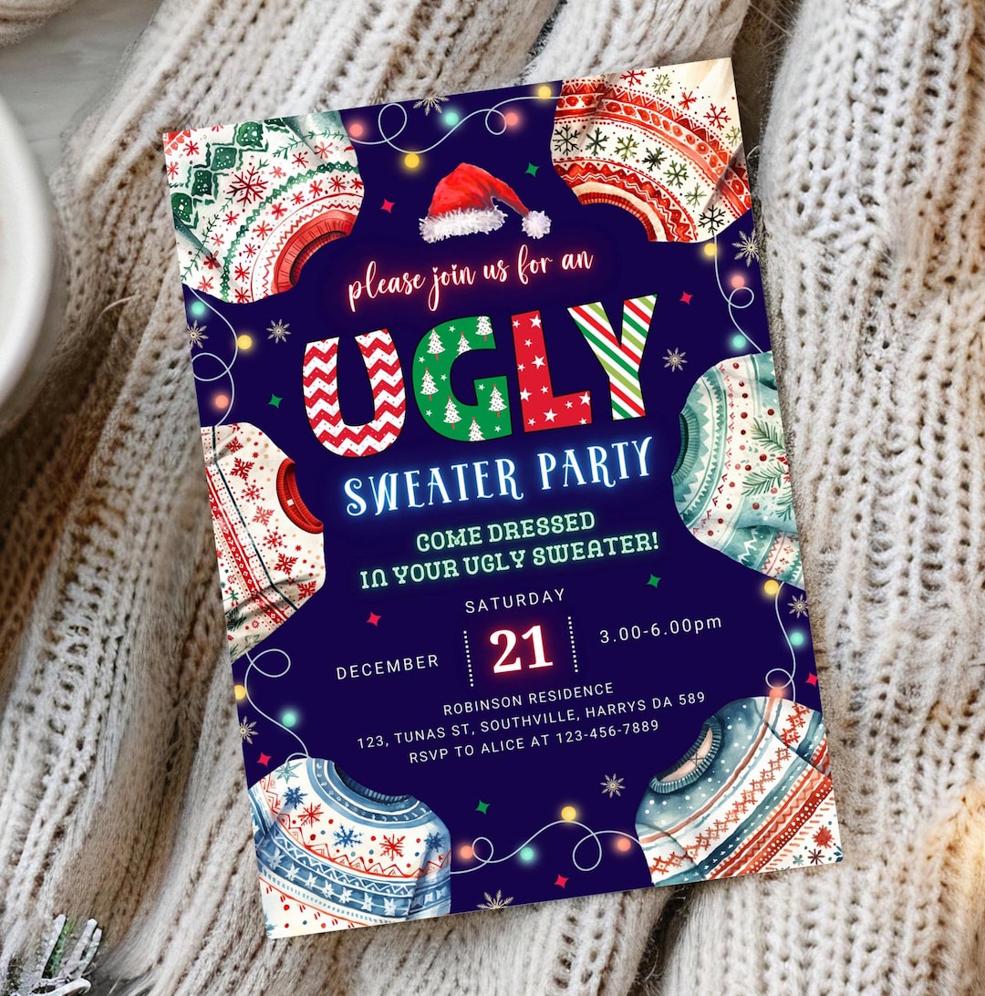 Colorful Ugly Sweater Party Invitation Template | Editable Ugly Sweater ...