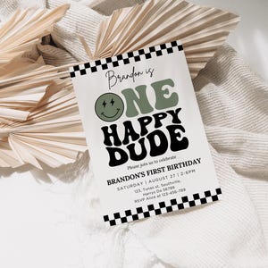 Retro One Happy Dude First Birthday Invitation Template (printable ...