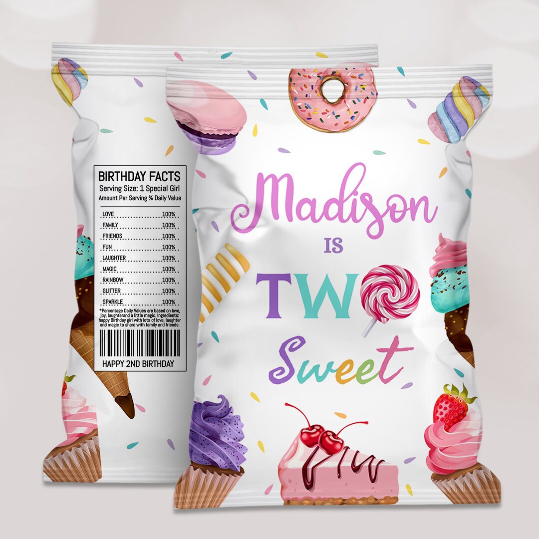 Two Sweet Birthday Chip Bag, Pastel Dessert Party Favor (editable ...