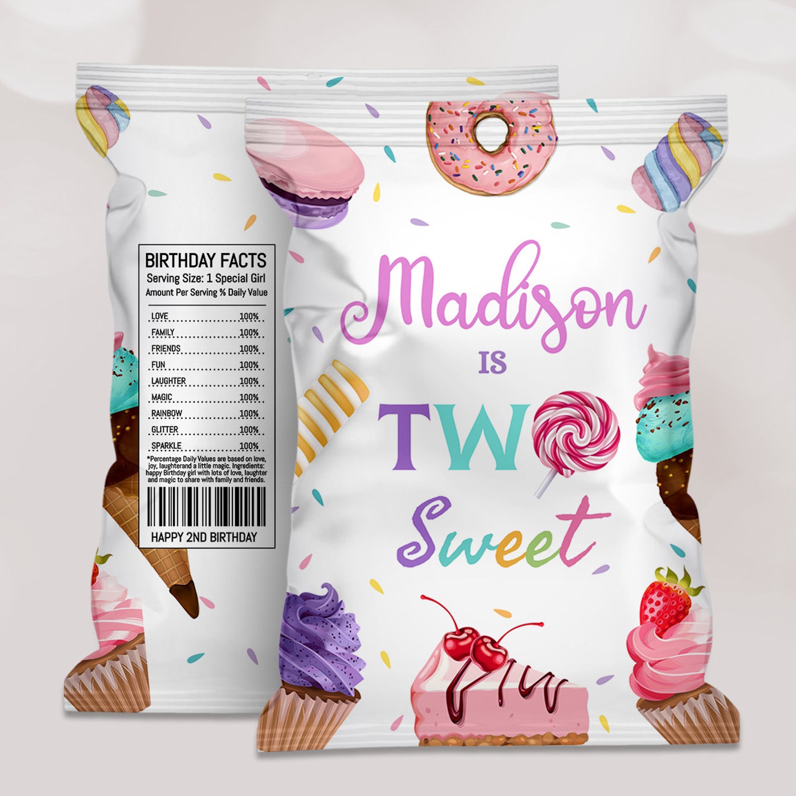 Two Sweet Birthday Chip Bag Pastel Sweets Party Donut Candy Ice Cream ...
