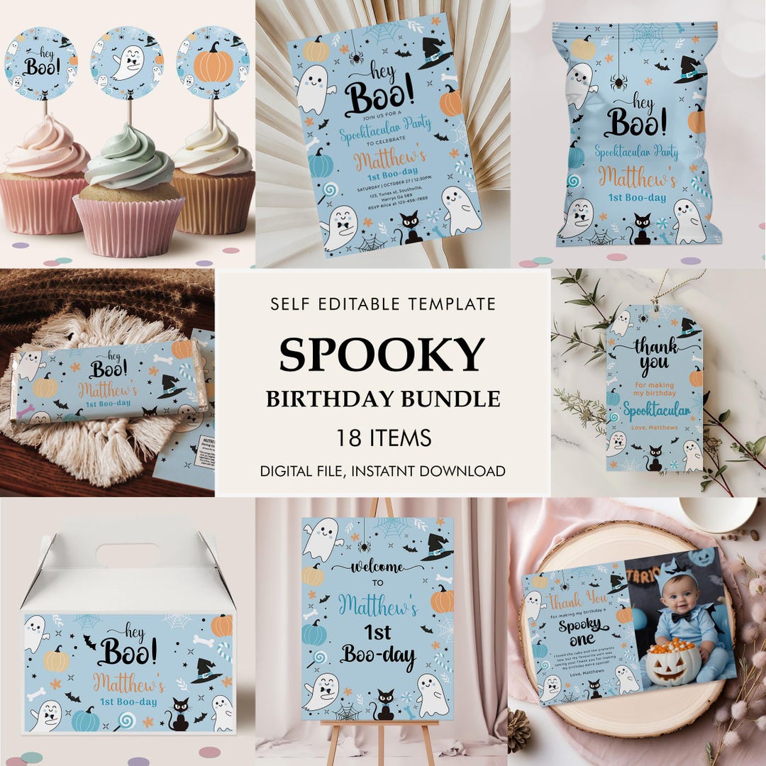 Editable 1st Boo Day Birthday Invitation Bundle, Halloween 1st Birthday ...