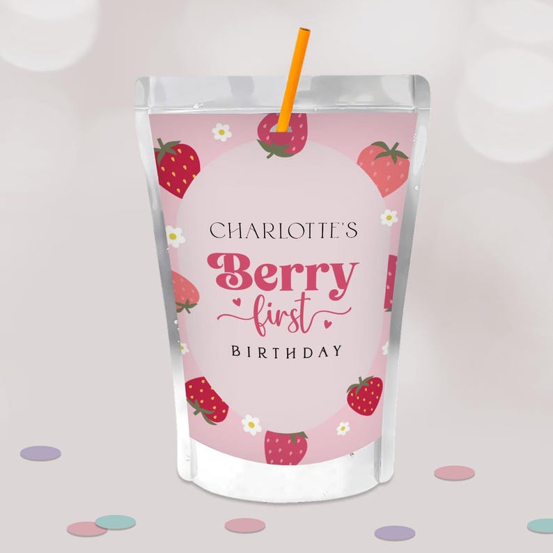 Berry First Birthday Party Favors: Editable Chip Bag, Water Bottle ...