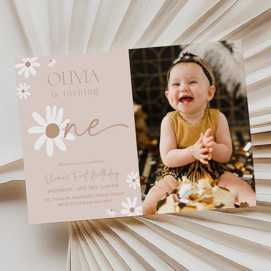 Boho Daisy First Birthday Invitation, Photo Invite (digital Download ...