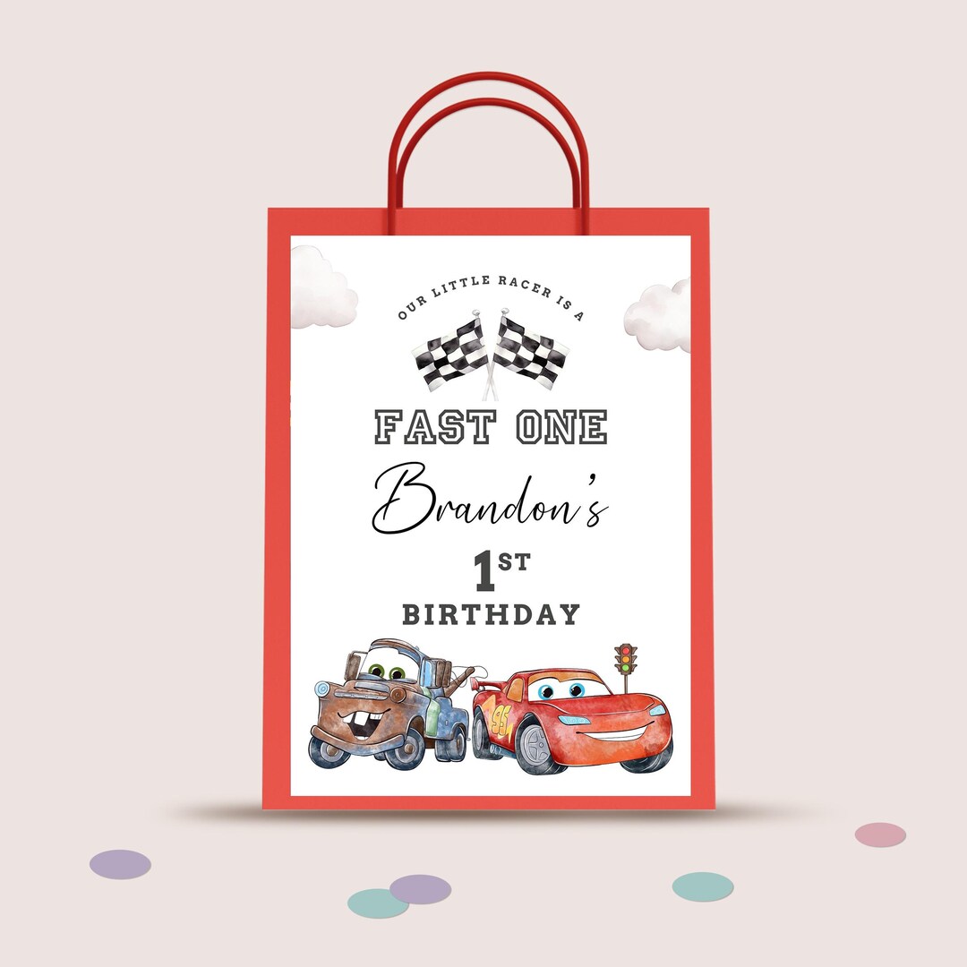 Editable Cars Party Theme Gift Bag Labels, Fast One Cars Birthday Gift ...