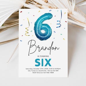 6th Birthday Invitation Boy, Colorful Confetti Six Invitation Balloon ...