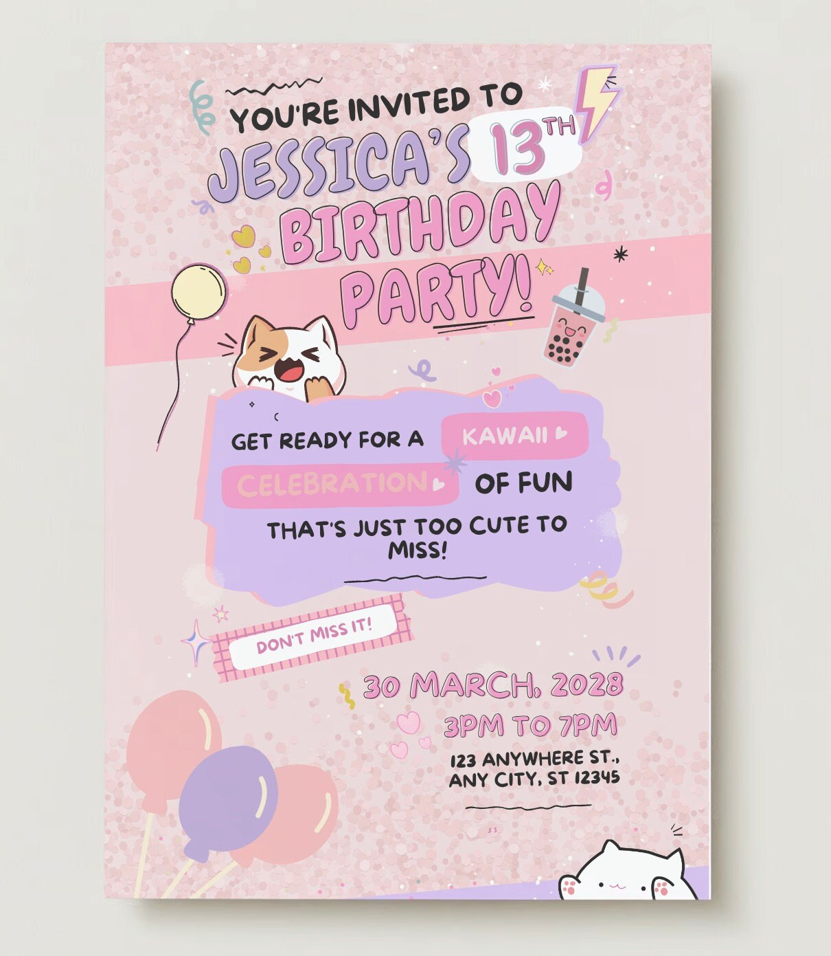 Kawaii Anime Birthday Party Invitation. Printable. EDITABLE, Digital ...