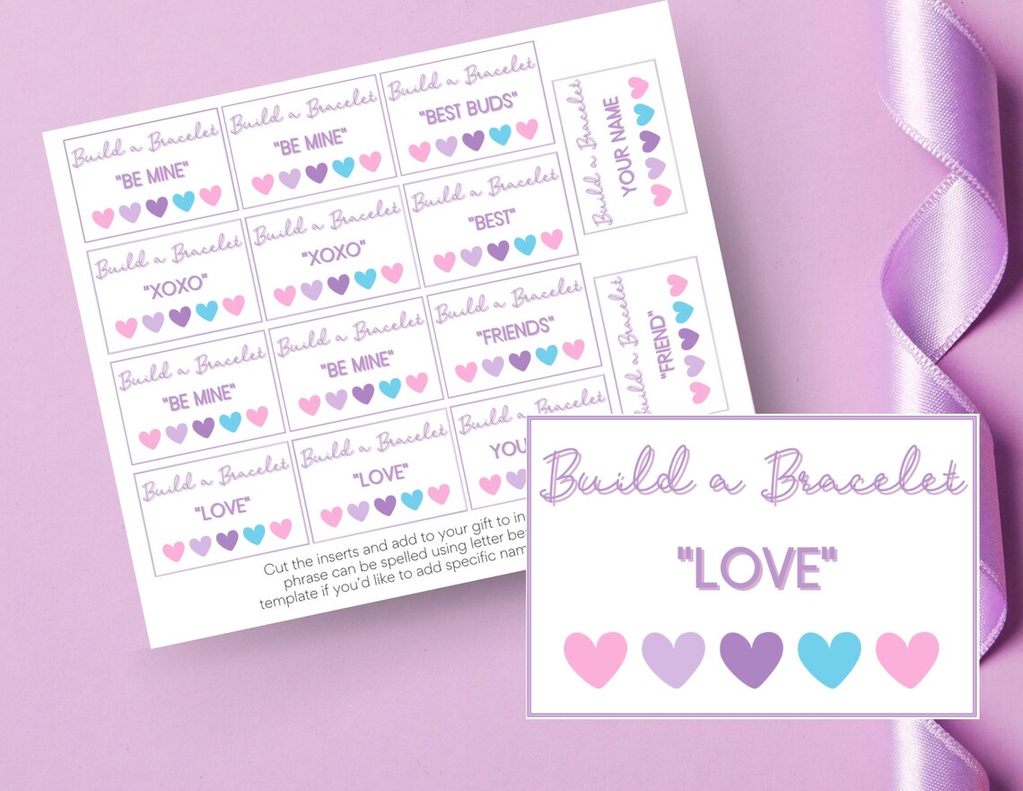 Printable Valentines Day Cards for Kids, Bracelet Valentine Tags, Bead ...