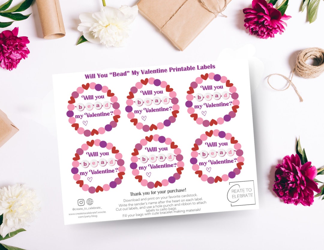 Printable Valentines Day Cards for Kids, Bracelet Valentine Tags, Bead ...