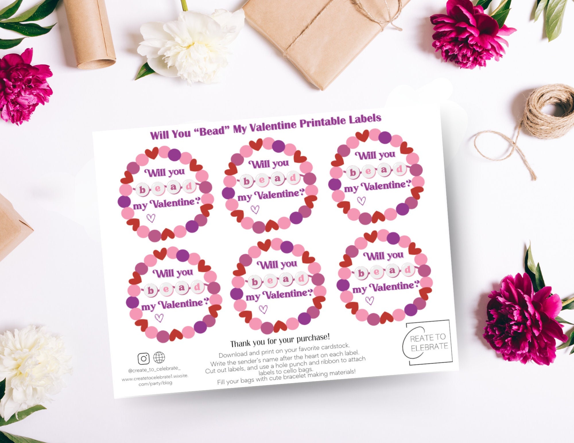 Printable Valentines Day Cards for Kids, Bracelet Valentine Tags, Bead ...