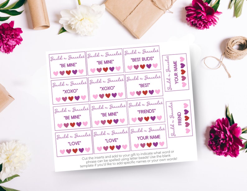 Printable Valentines Day Cards for Kids, Bracelet Valentine Tags, Bead ...