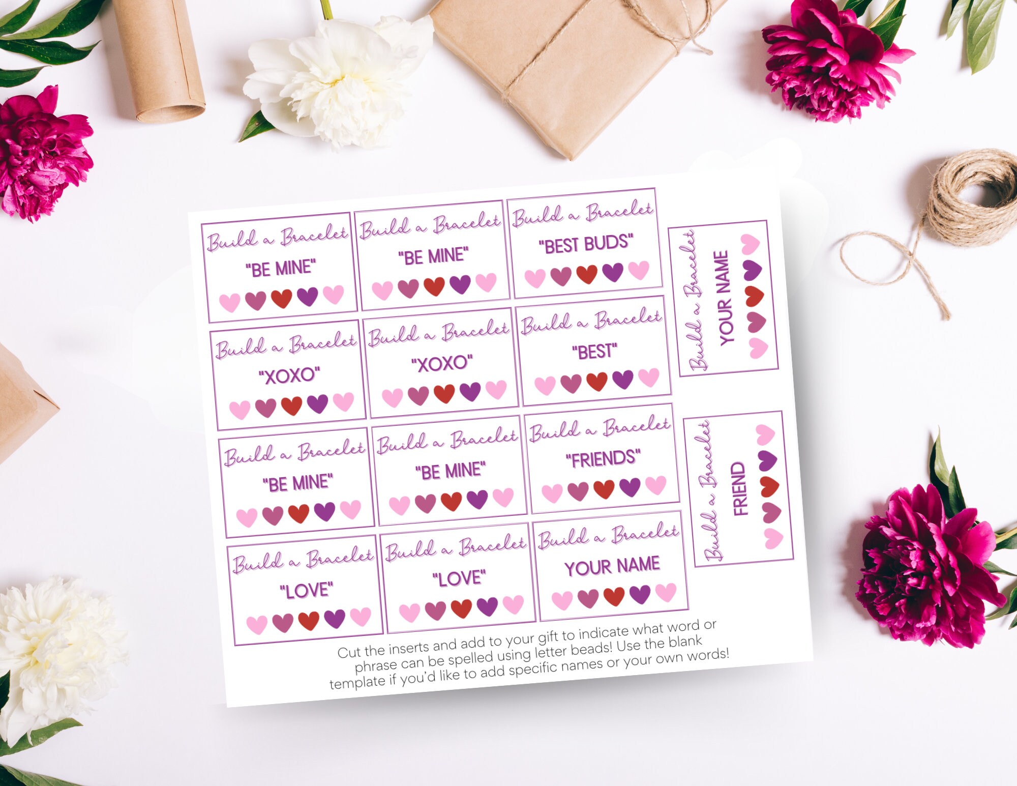 Printable Valentines Day Cards for Kids, Bracelet Valentine Tags, Bead ...