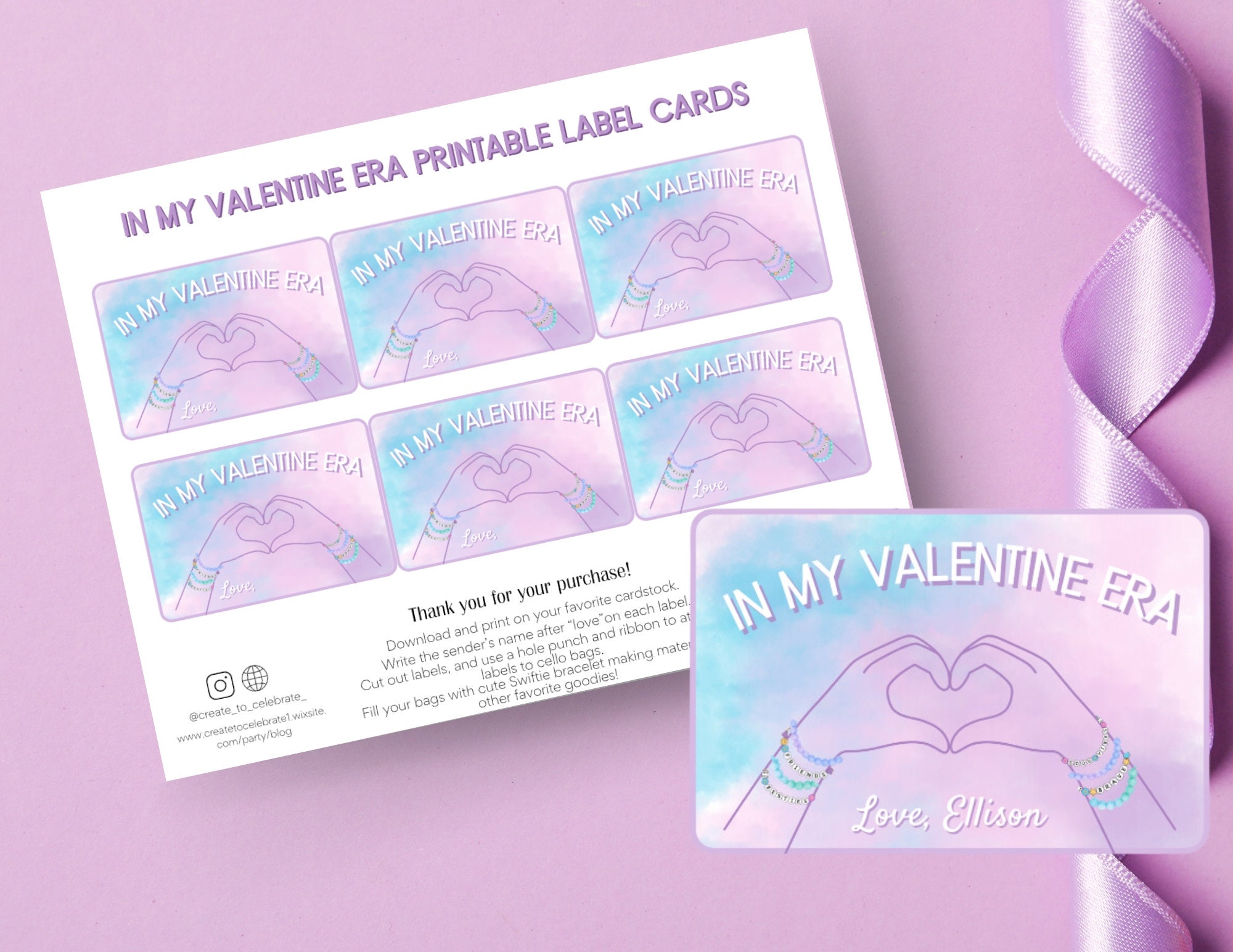 Printable Valentines Day Cards for Kids, Bracelet Valentine Tags, Bead ...