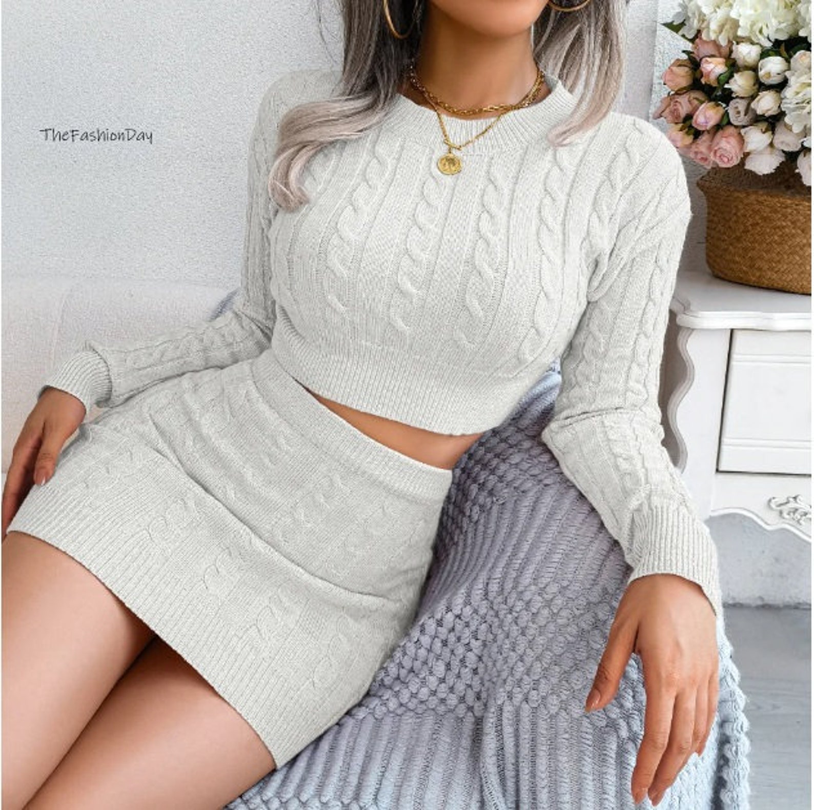 Winter Elegance: Stylish Two-piece Set Featuring a Round Neck Long Sleeve Top and a Fashionable ...