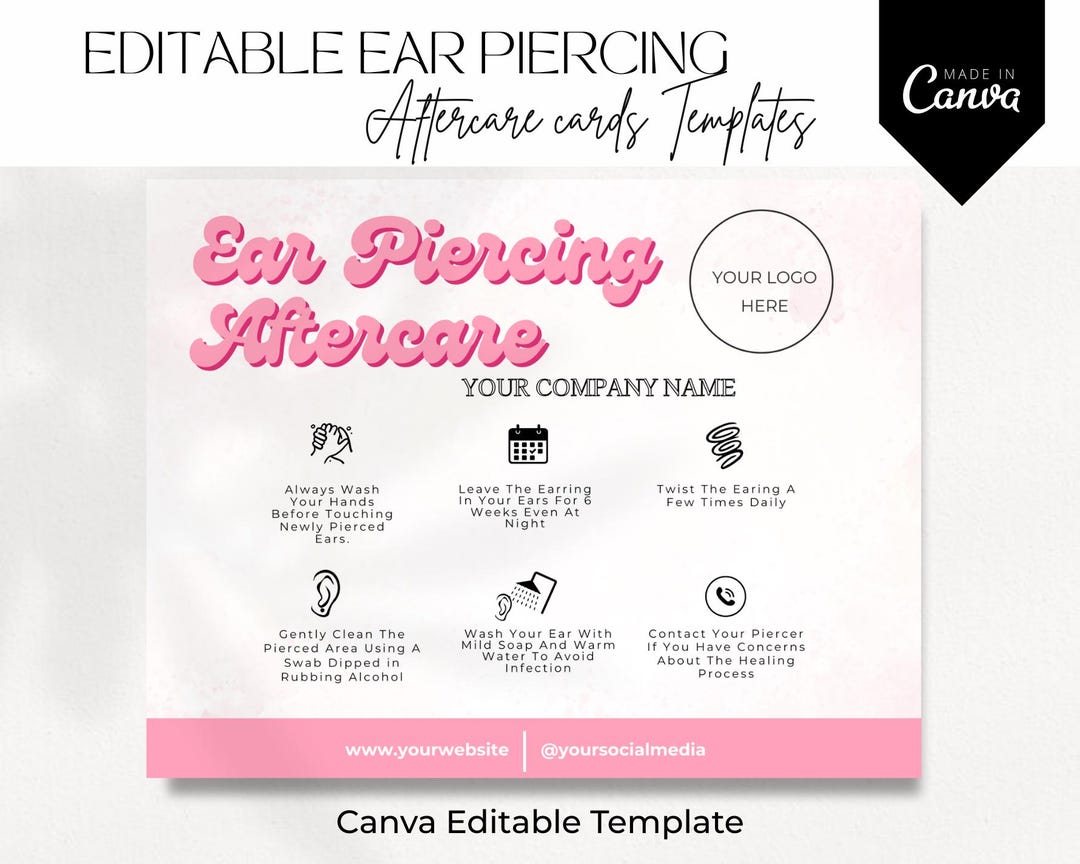 Ear Piercing Aftercare Template, Editable Piercing Guide Card, Earring ...