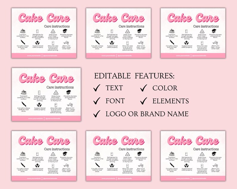 Bakery Care Cards Bundle, Editable Cake Care Card, Printable Cookie ...