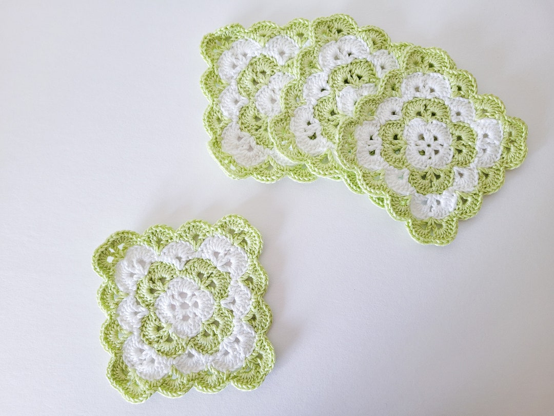 Square Scalloped Coasters, Set of 4, Crocheted Coaster, Vintage Style ...