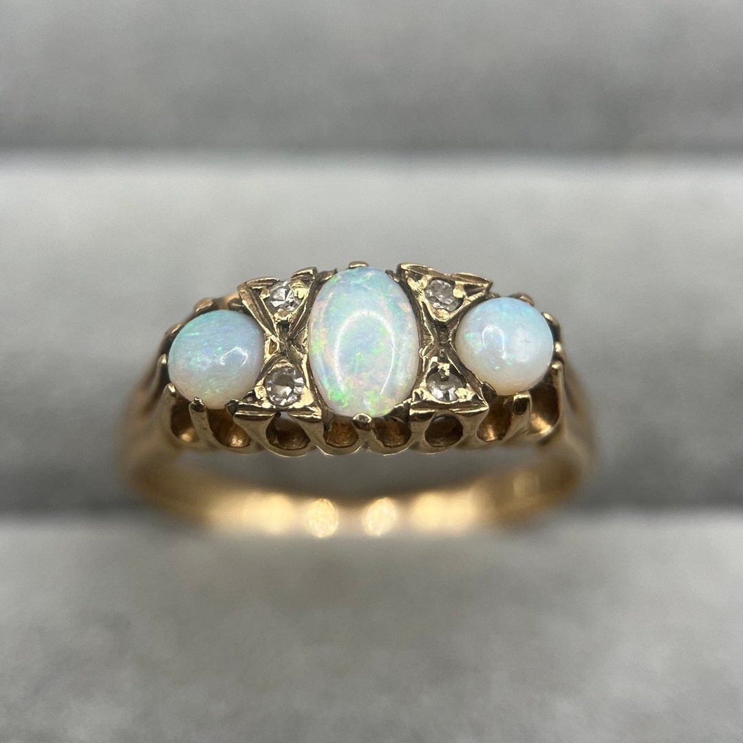 1970s Vintage 9ct Gold Opal & Diamond Gipsy Ring, UK Size L US Size 5. ...