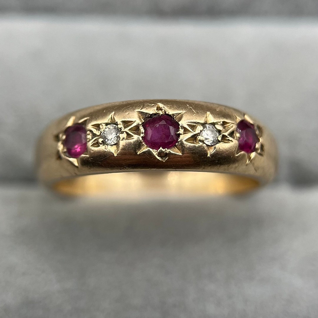 Vintage 9ct Gold Ruby & Diamond Gypsy Ring / Five-stone Ring, Size M US ...