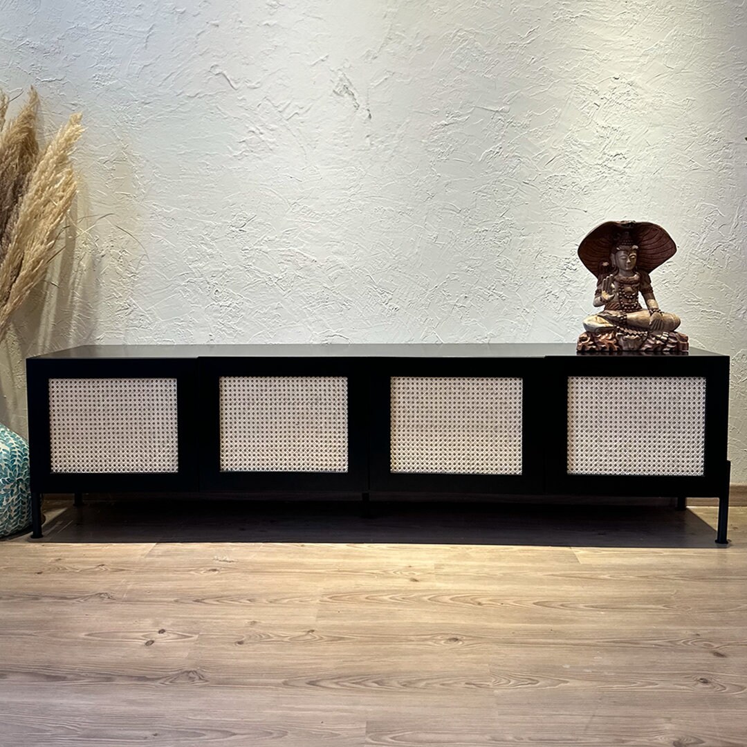 Black Rattan Marginal TV Stand With Cabinets: Oriental Style Console ...