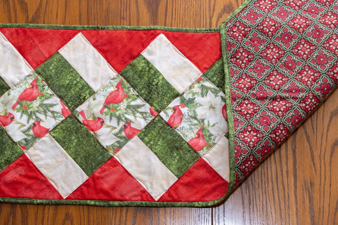 Quilted Poinsettia and Cardinal Christmas Table Runner, Christmas ...