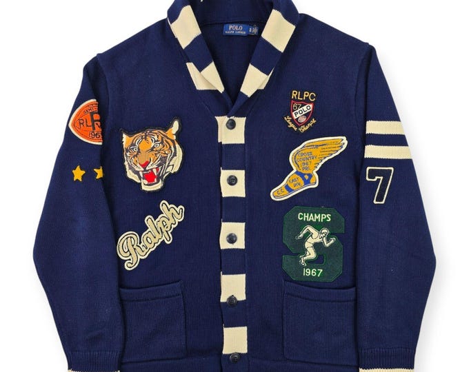 Polo Ralph Lauren Letterman Patch Varsity Knitted Cardigan Blue Men's ...