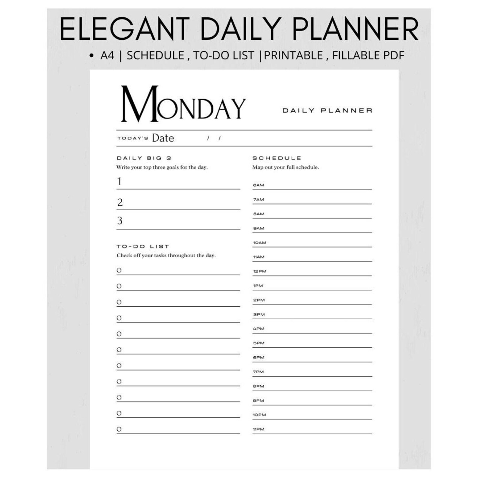 Elegant Printable Daily Planner , Digital Planner , Fillable PDF , To ...