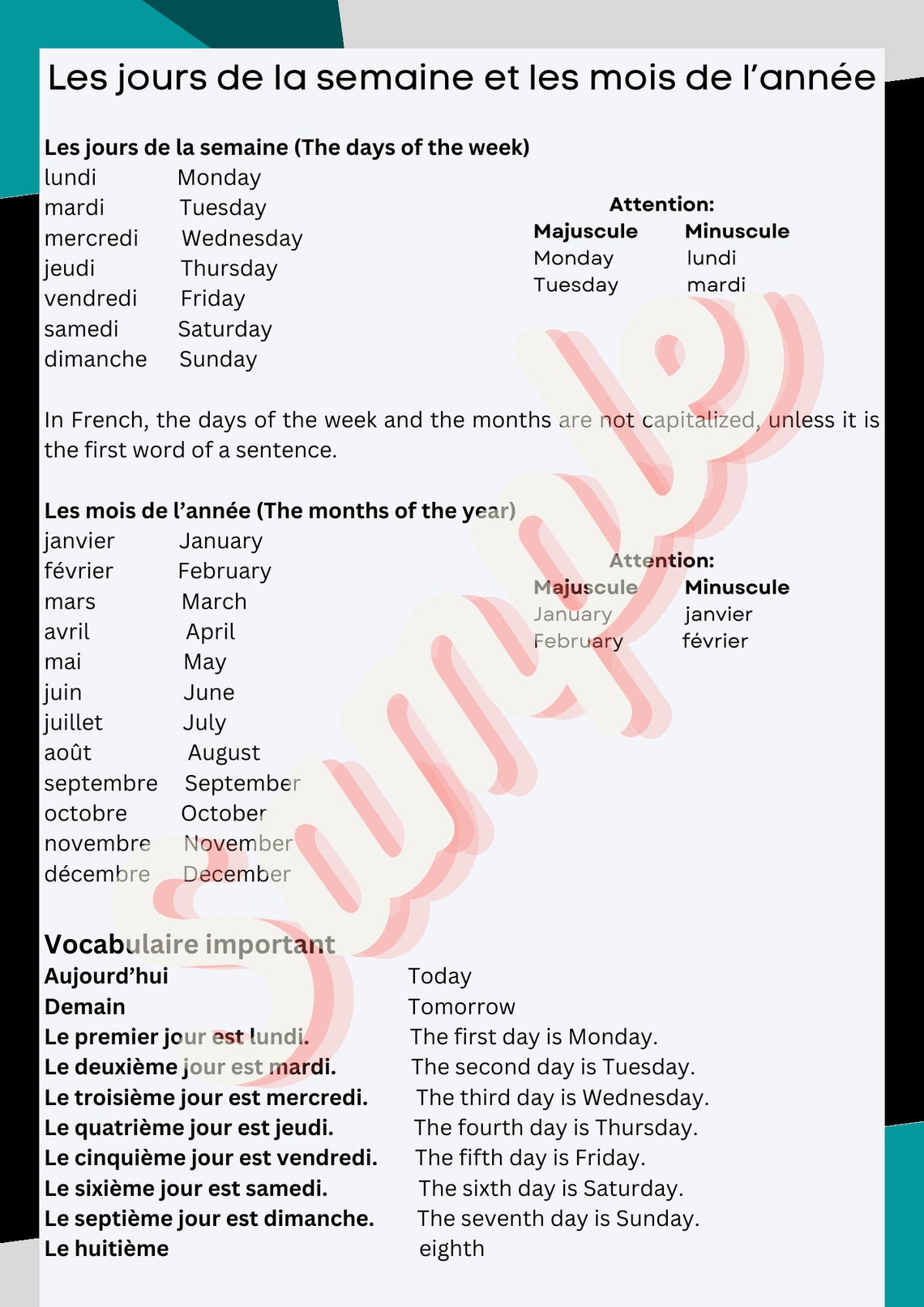 Introductory French Lesson-days and Months - Etsy