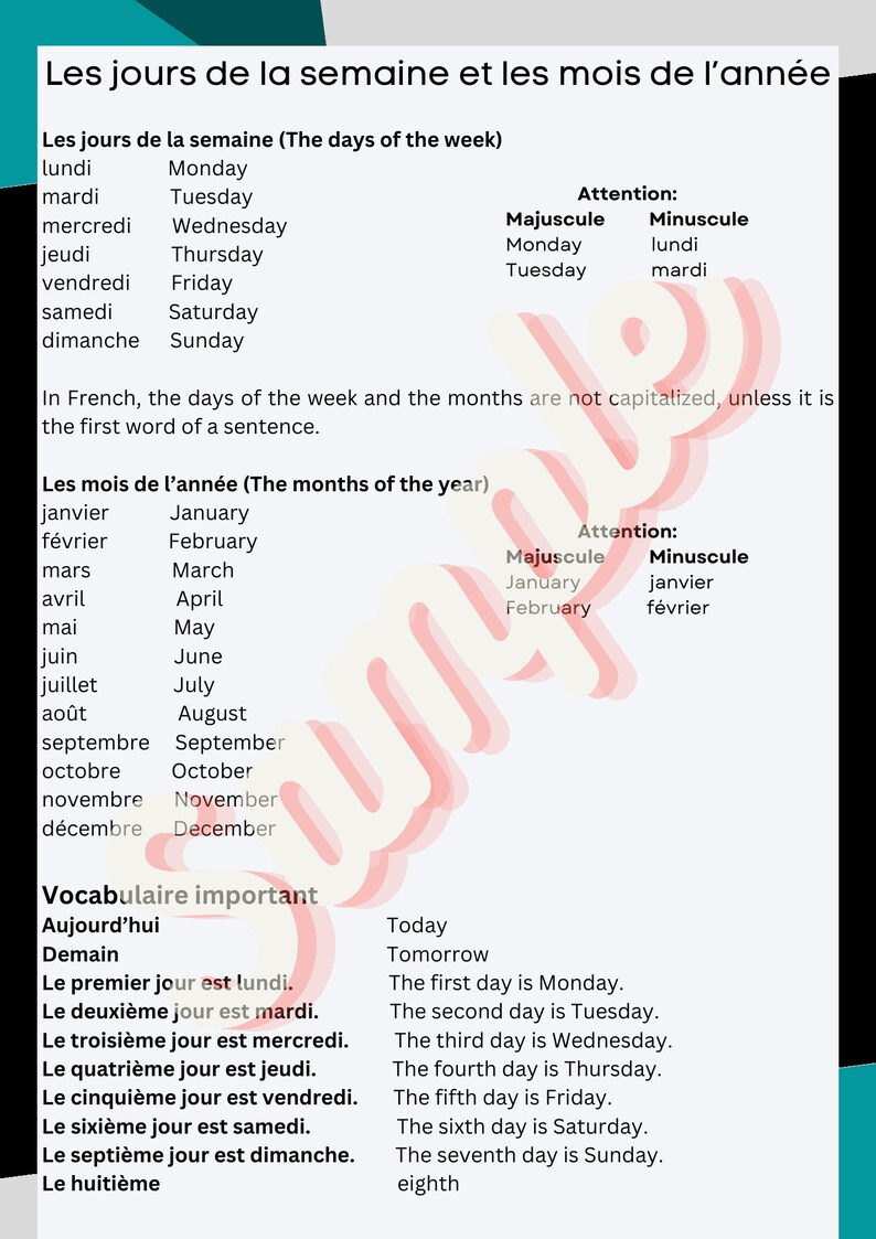 Introductory French Lesson-days and Months - Etsy