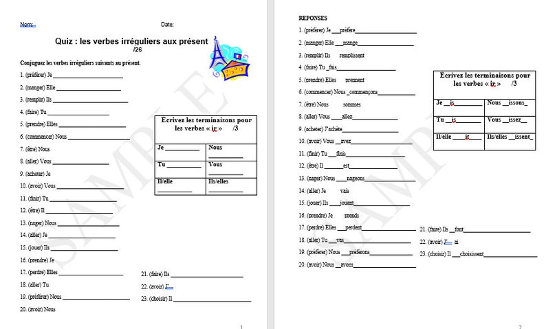 French Verb Quiz!! - Etsy