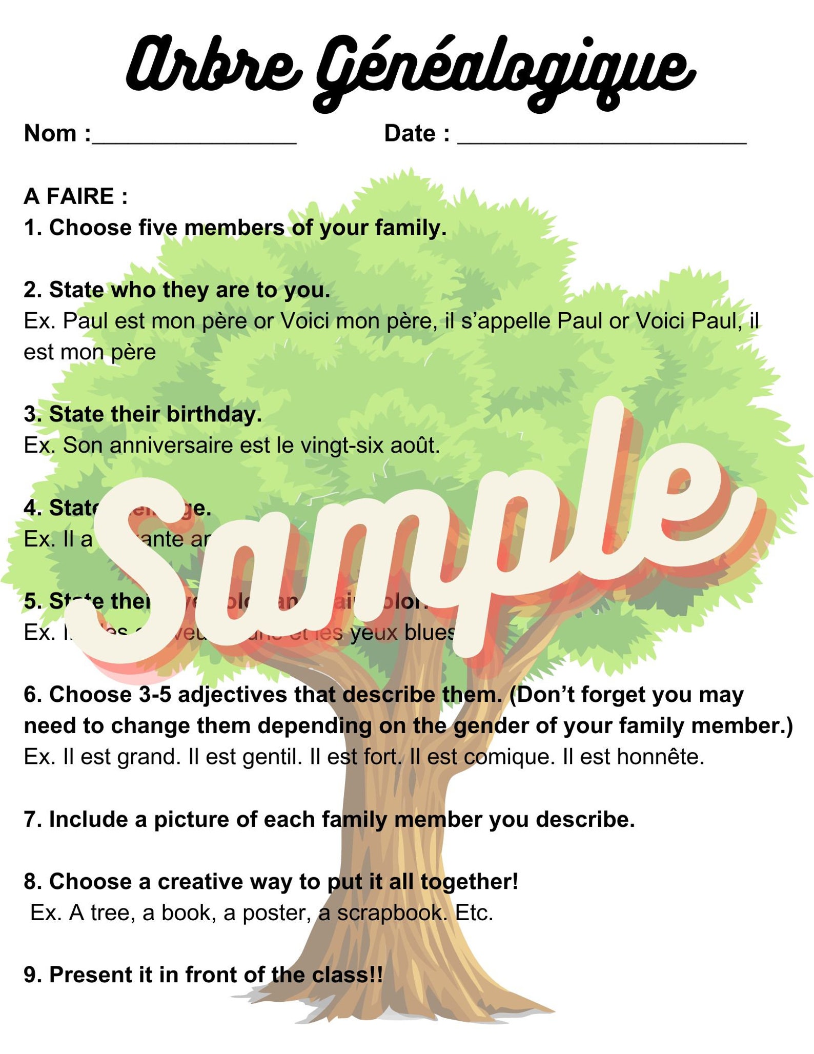 Arbre Généalogique (family Tree) Assignment_ Beginner French - Etsy