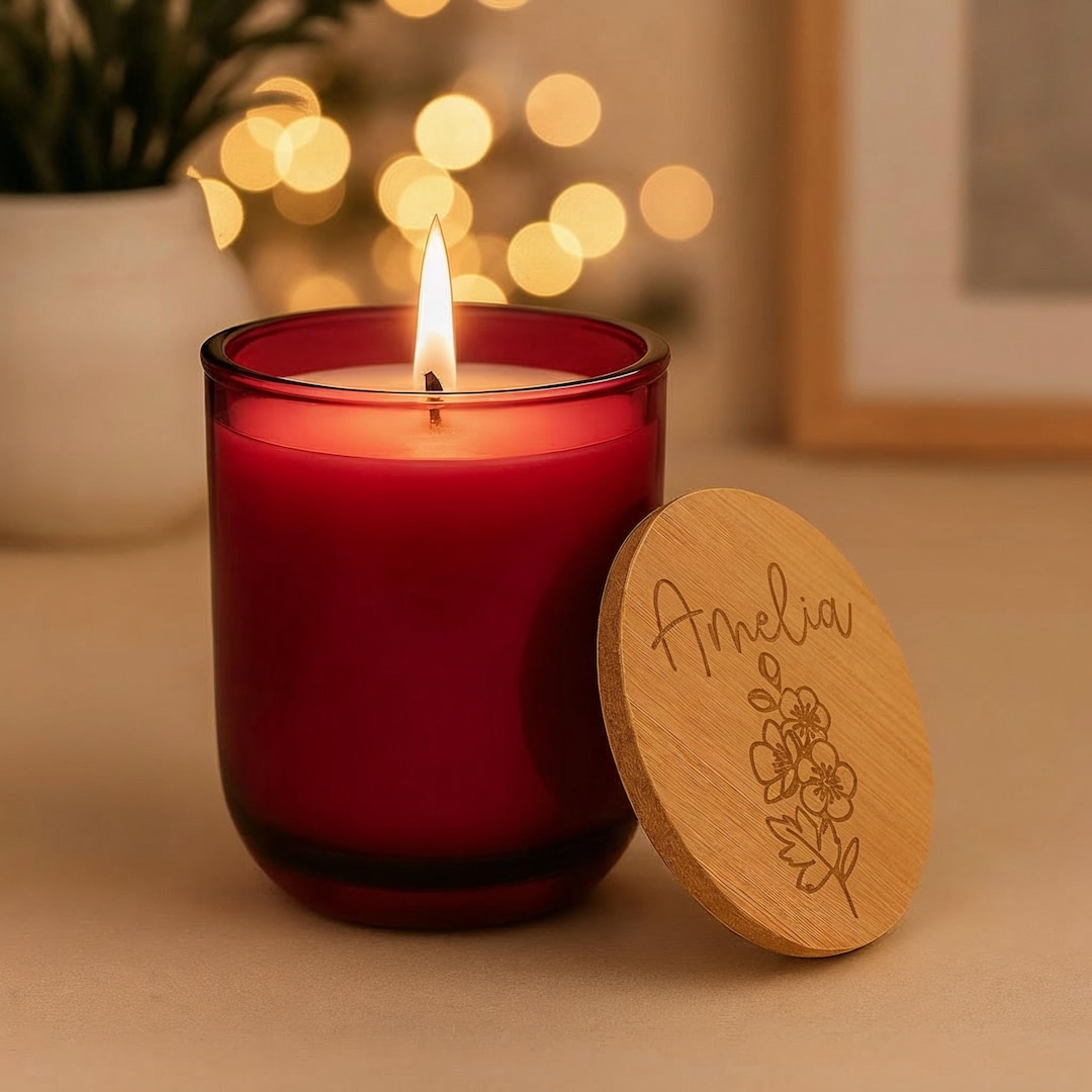 Personalized Birth Flower Candle, Custom Name Engraved Bamboo Lid Soy ...
