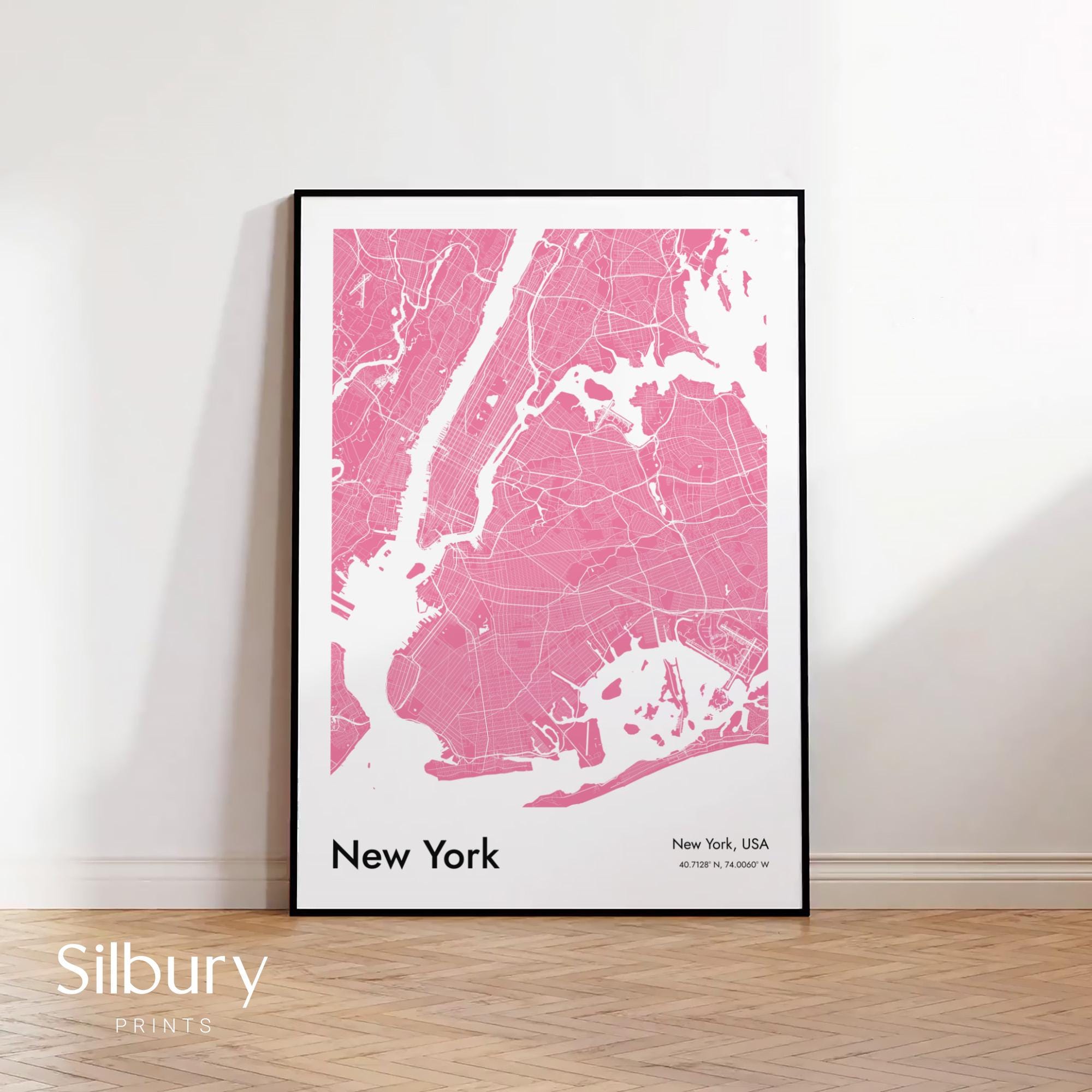 New York City Map Print, NY Street Map Poster, Pink Map of New York ...