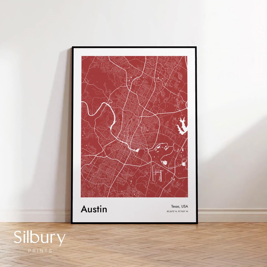 Austin Map Print, Austin Street Map Poster, Red Map of Austin, USA ...