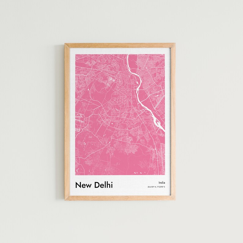 New Delhi Map Print, New Delhi Street Map Poster, Pink Color Map of New ...