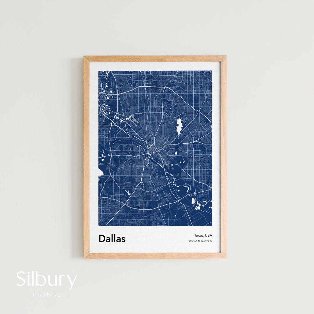 Dallas Map Print, Dallas Street Map Poster, Blue Color Map of Dallas ...